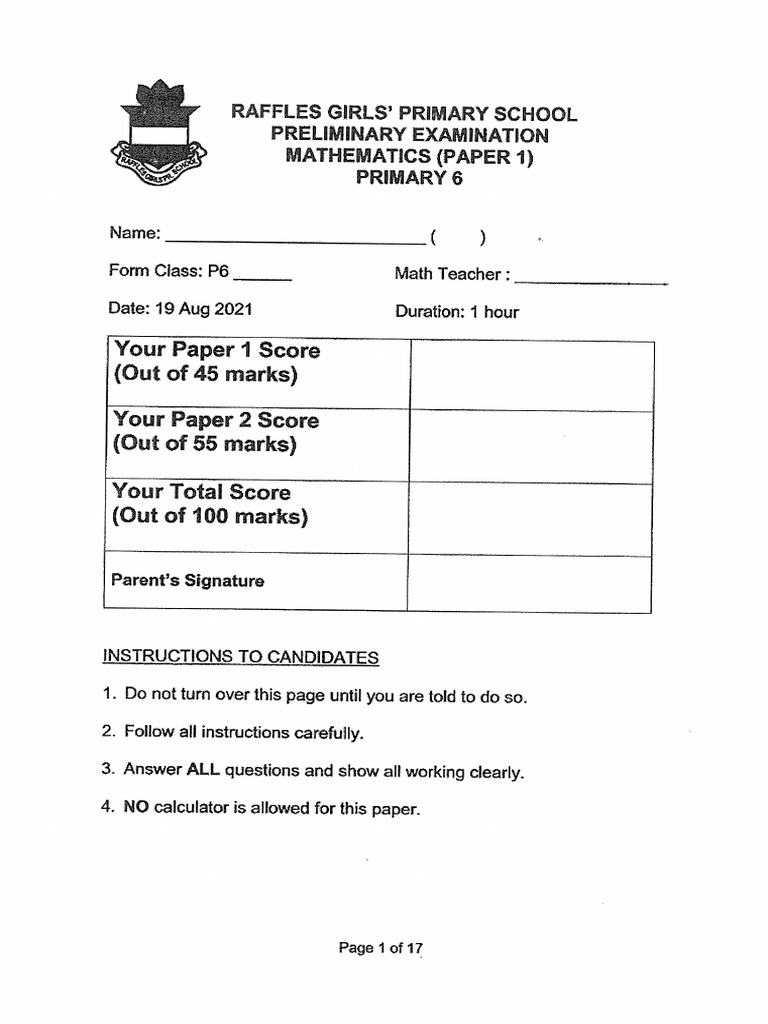 P6 Maths Prelim 2021 Raffles Exam Papers | PDF