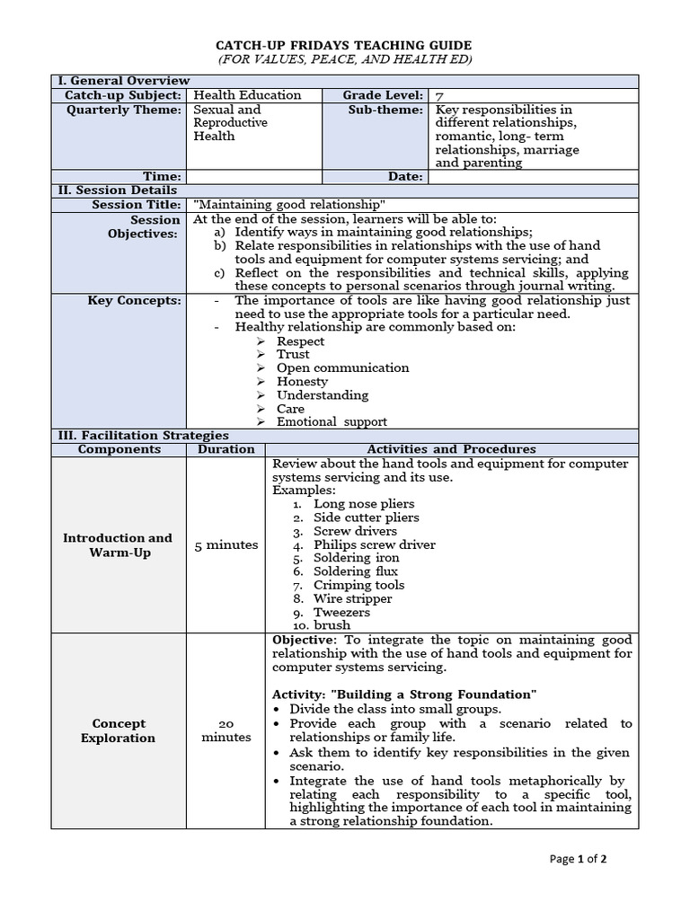 Teaching Guide Catchup Template Health Grade7 TLE | PDF | Tools | Cognition Teaching Guide Catchup Template Health Grade7 TLE | PDF | Tools | Cognition