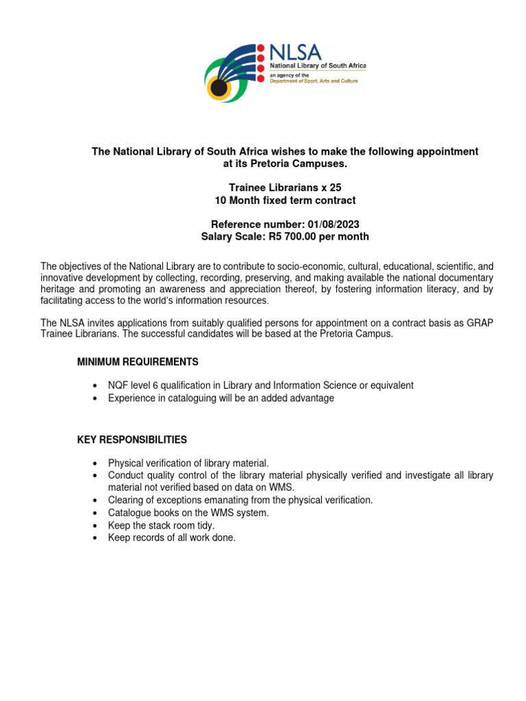 Vacancy Advert GRAP Trainee Librarians | PDF | Libraries | Librarian