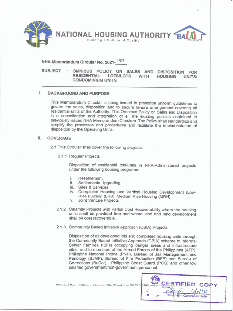 NHA Memorandum Circular No 2021 021 | PDF