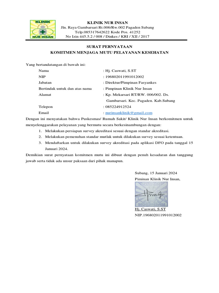 Surat Pernyataan Komitmen Menjaga Mutu Pelayanan Kesehatan | PDF