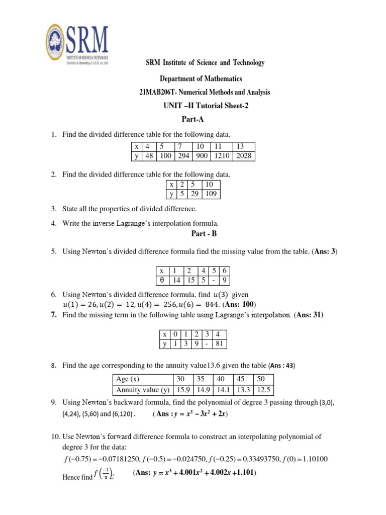 21MAB206T Unit-2 Tutorial-2 | PDF | Teaching Methods & Materials