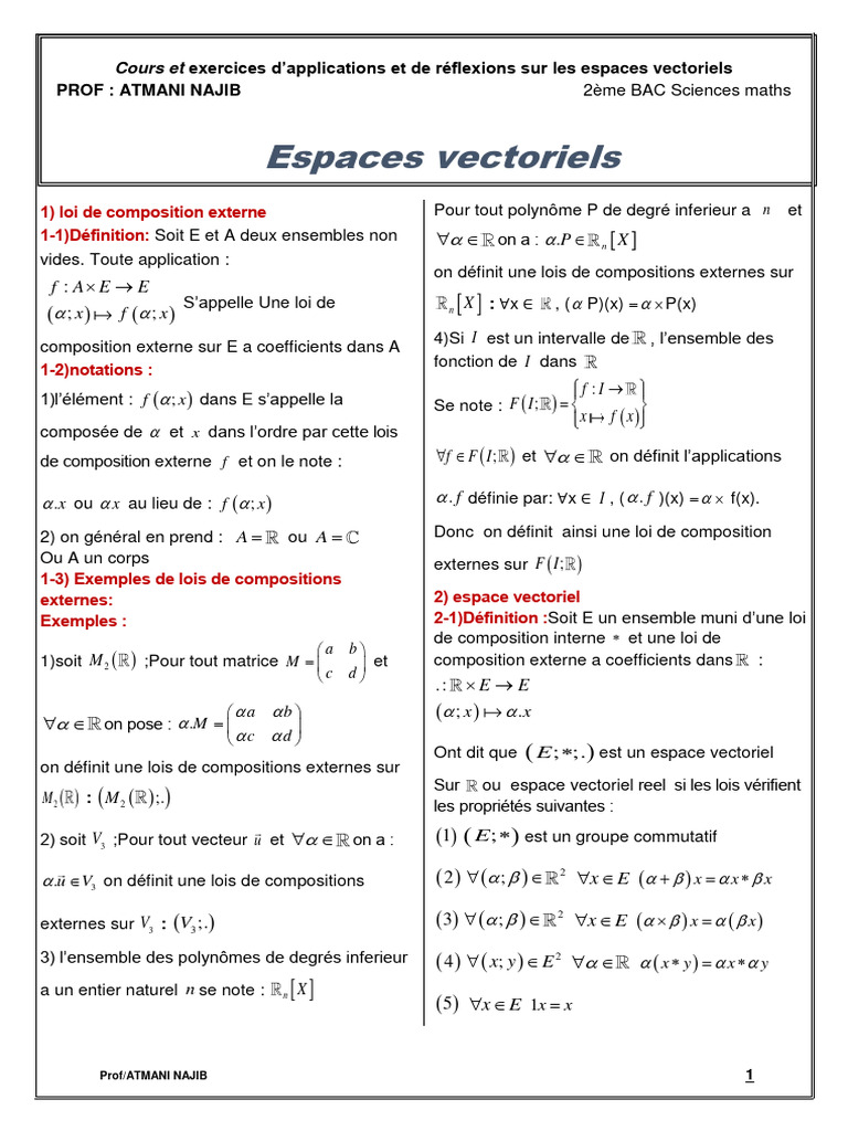 Espaces Vectoriels Cours Et Exercices Corriges | PDF | Espace vectoriel ...