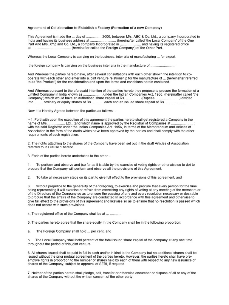 Agreement of Collaboration To Establish A Factory | PDF