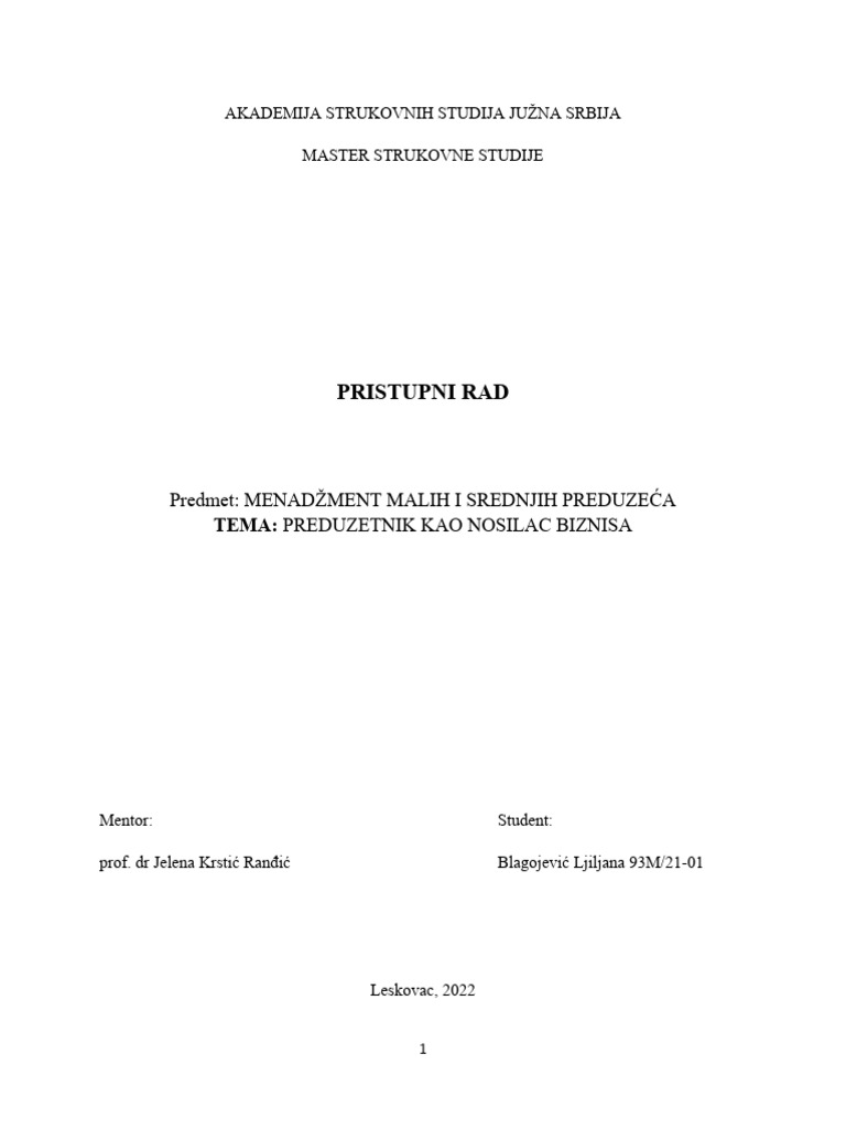 Preduzetnik Kao Nosilac Biznisa | PDF