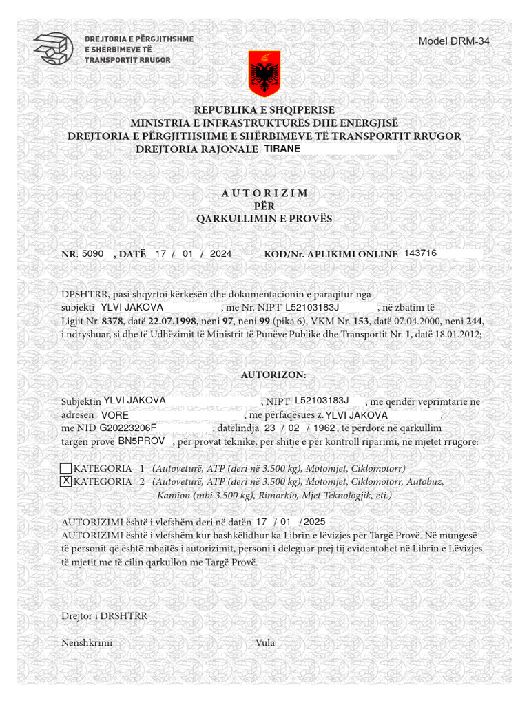 Autorizim Per Qarkullimin e Proves 1 | PDF