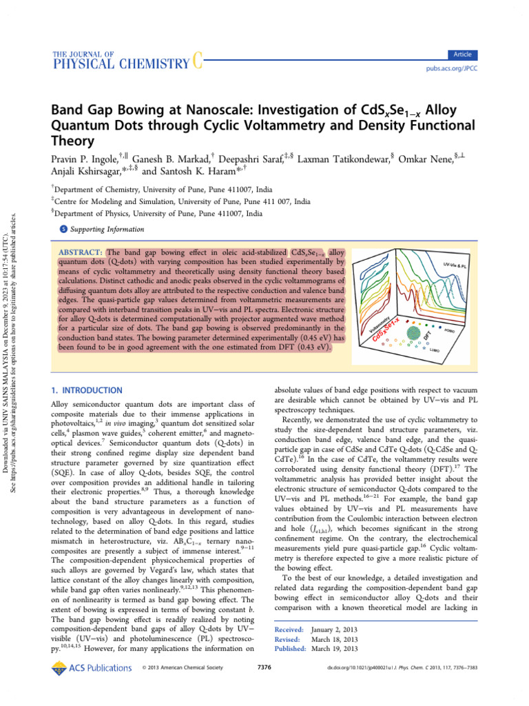 Ingole Et Al 2013 Band Gap Bowing at Nanoscale Investigation of Cdsxse1 X Alloy Quantum Dots ...