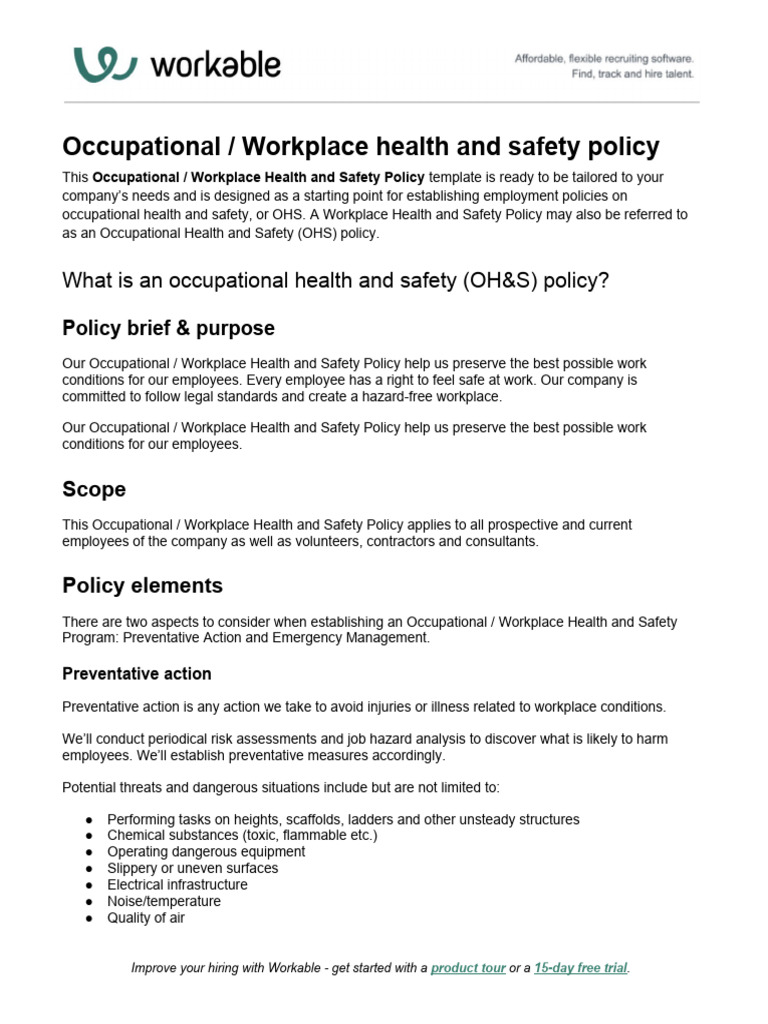 Occupational - Workplace Health and Safety Policy | PDF | Occupational Safety And Health | Safety