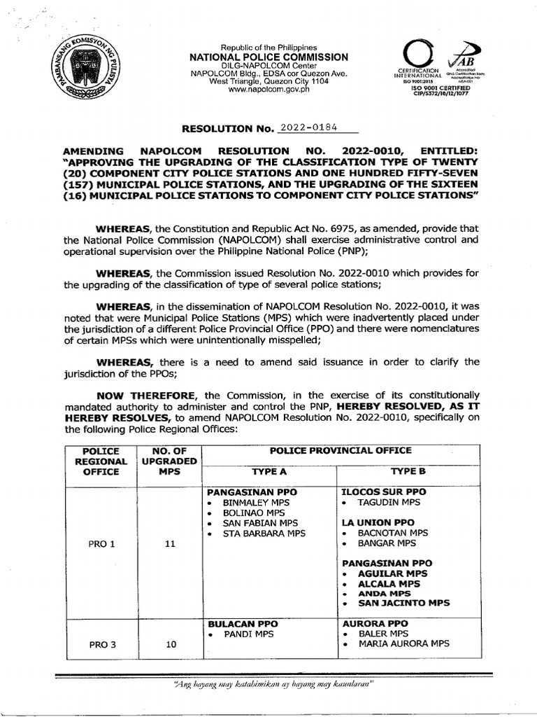 NAPOLCOM Resolution 2022-0184 Approving The Upgrading of The ...