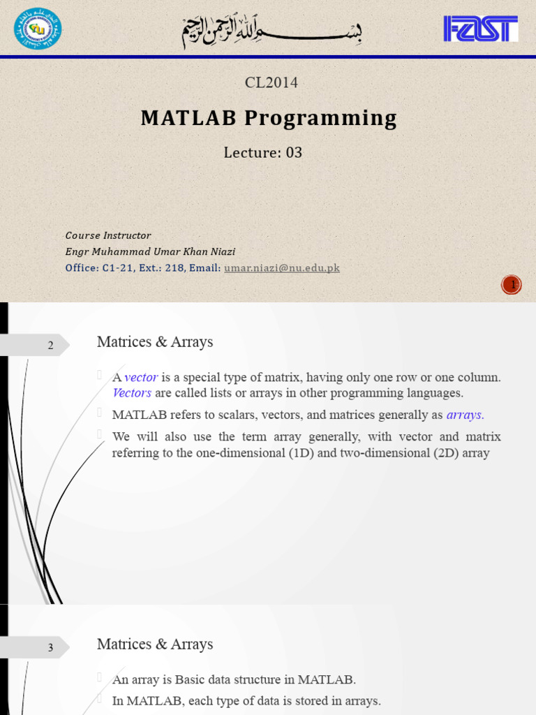 CL2014 - MATLAB Programming - Lec03 | PDF | Matrix (Mathematics) | Matlab