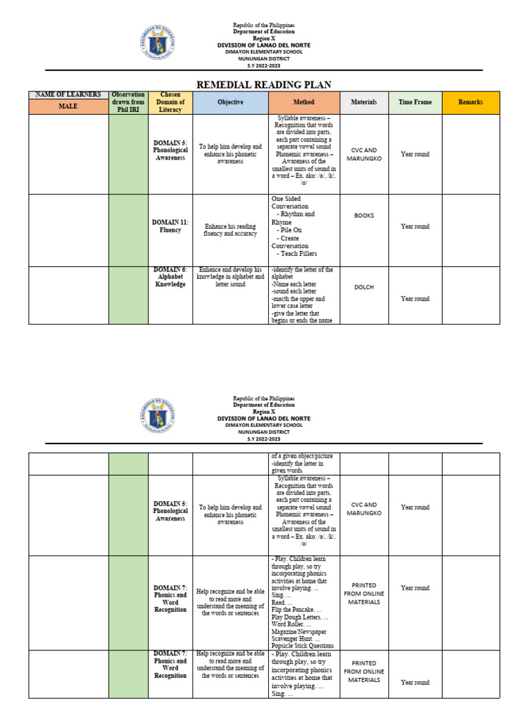 Remedial Reading Plan | PDF