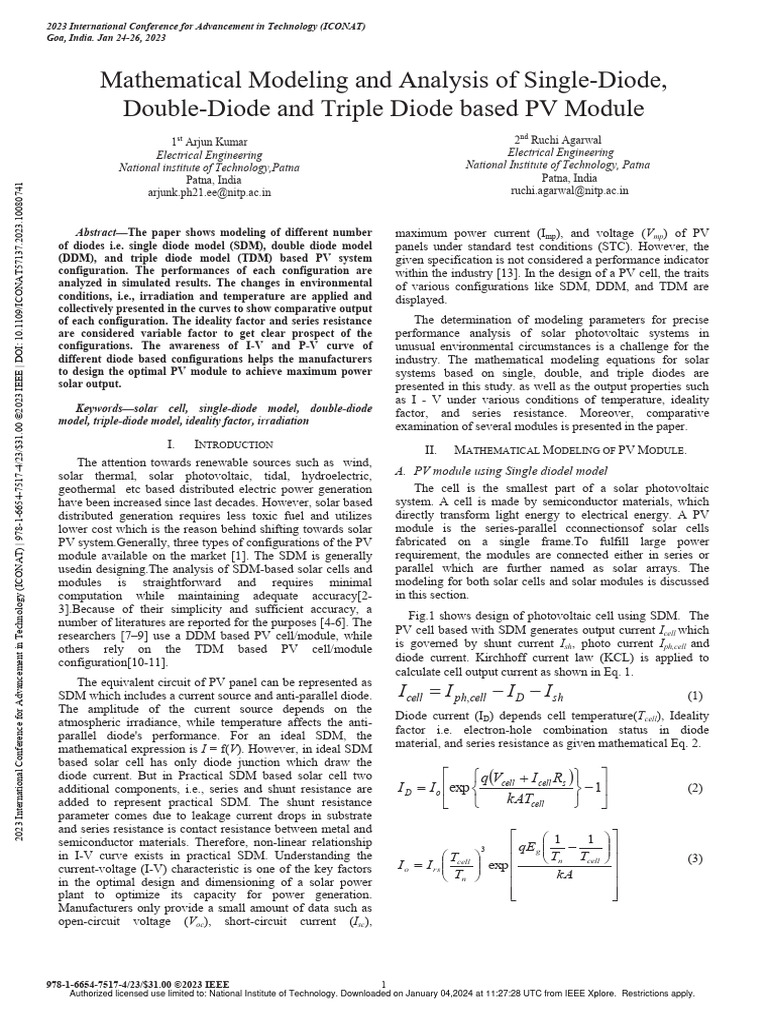 Mathematical Modeling and Analysis of Single-Diode Double-Diode and Triple Diode Based PV Module ...