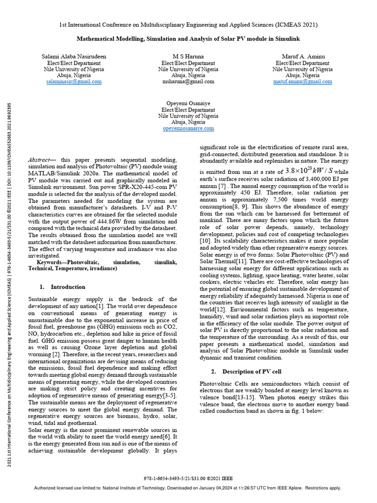 Mathematical Modelling Simulation and Analysis of Solar PV Module in ... Mathematical Modelling Simulation and Analysis of Solar PV Module in ...