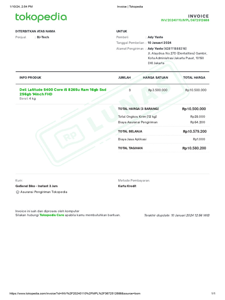 Invoice - Tokopedia 3 Dell | PDF