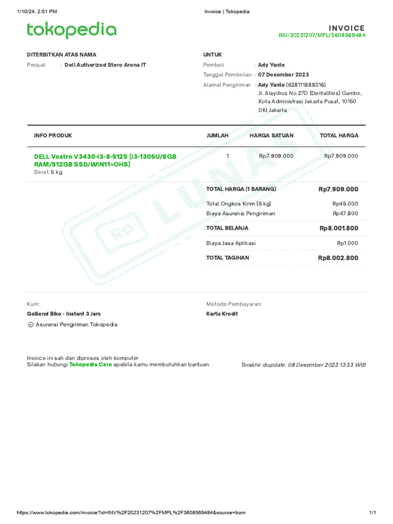 Invoice - Tokopedia Laptop Pak Didi | PDF