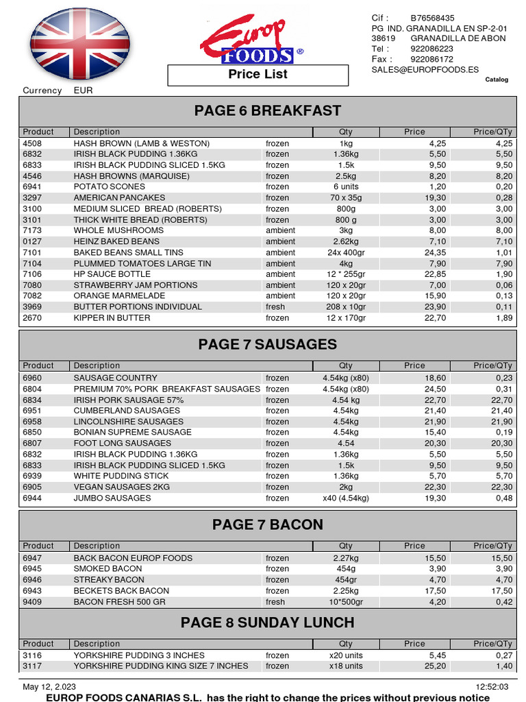 Pricelist Europfoods English | PDF | Gravy | European Cuisine