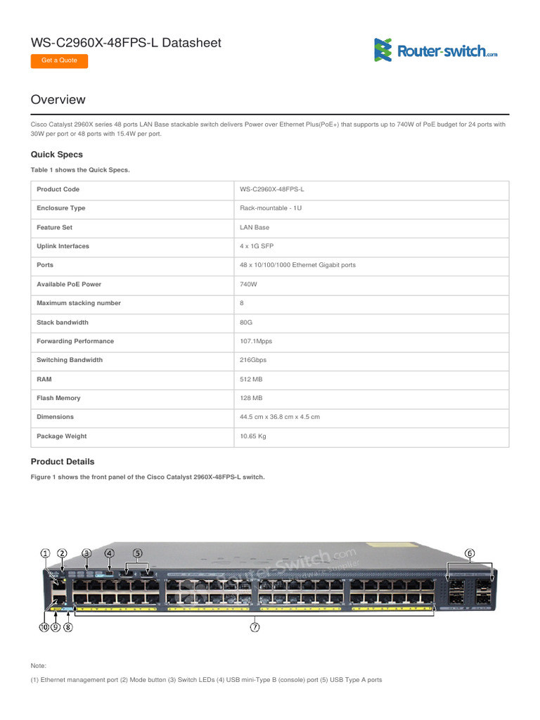 Ws c2960x 48fps l Datasheet | PDF | Network Switch | Ethernet