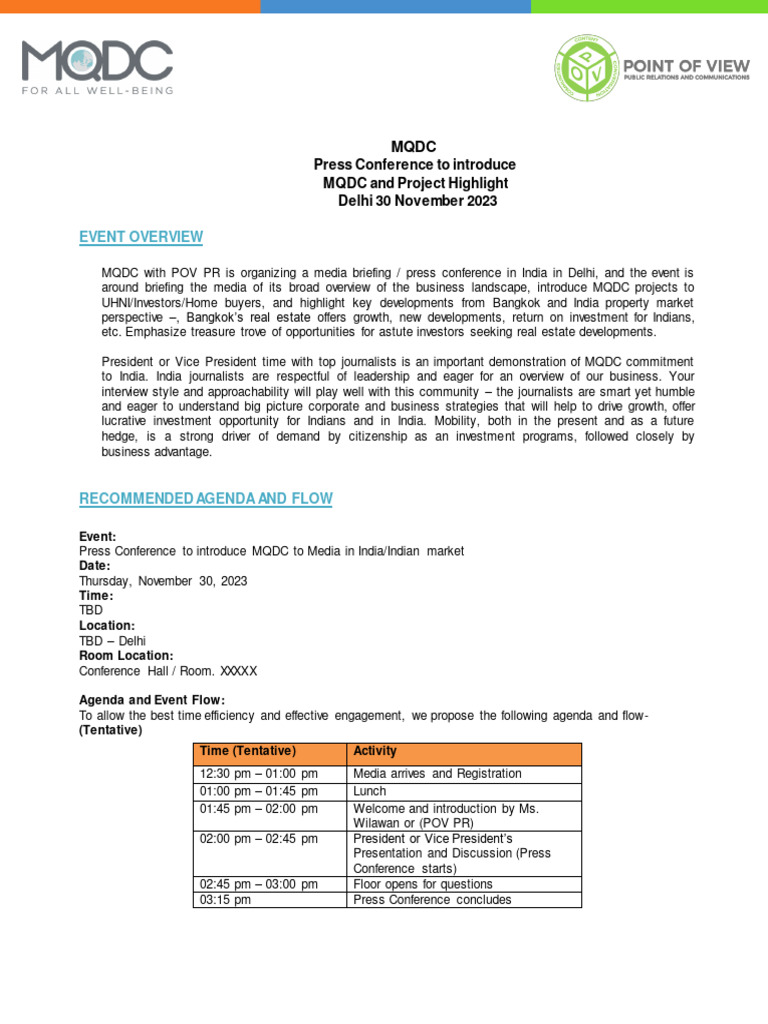MQDC Press Conference Delhi - POV PR & Communications Plan and Recommendations - Event Flow ...