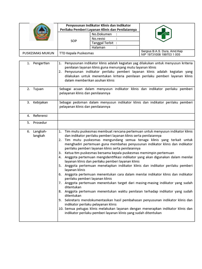 SOP Penyusunan Indikator Klinis Dan Indikator Perilaku | PDF