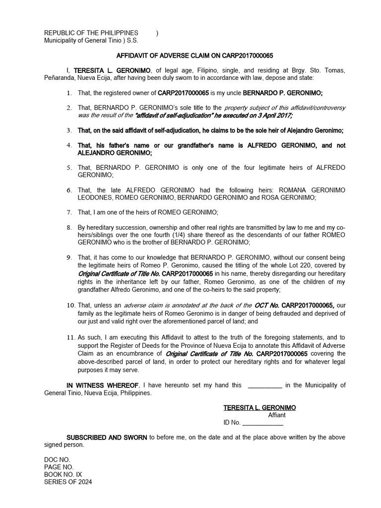 Affidavit of Adverse Claim Teresita Geronimo | PDF | Common Law ...
