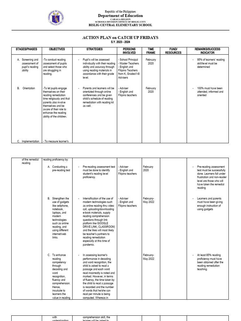 Catch Up Fridays Action Plan | PDF | Reading Comprehension | Learning