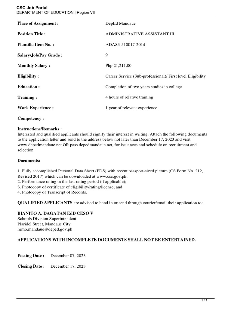 Department of Education-Administrative Assistant Iii | PDF