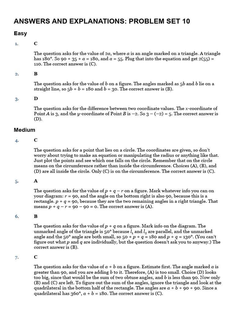 SAT Math Problem Set 10 Solutions | PDF