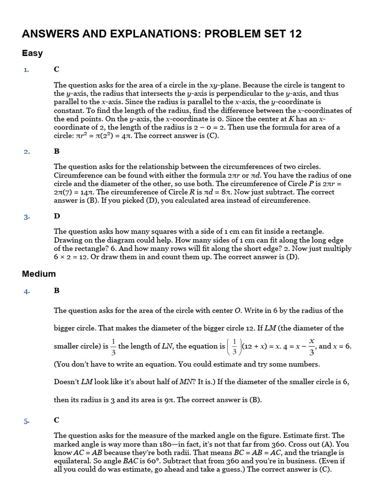 Digital SAT Math Problem Set 12 Answers and Explanations | PDF | Area | Circle