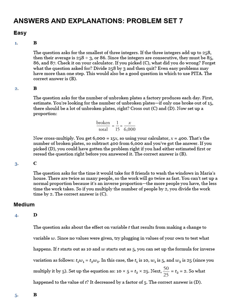 Digital SAT Math Problem Set 7 Answers and Explanations | PDF | Ratio | Mean