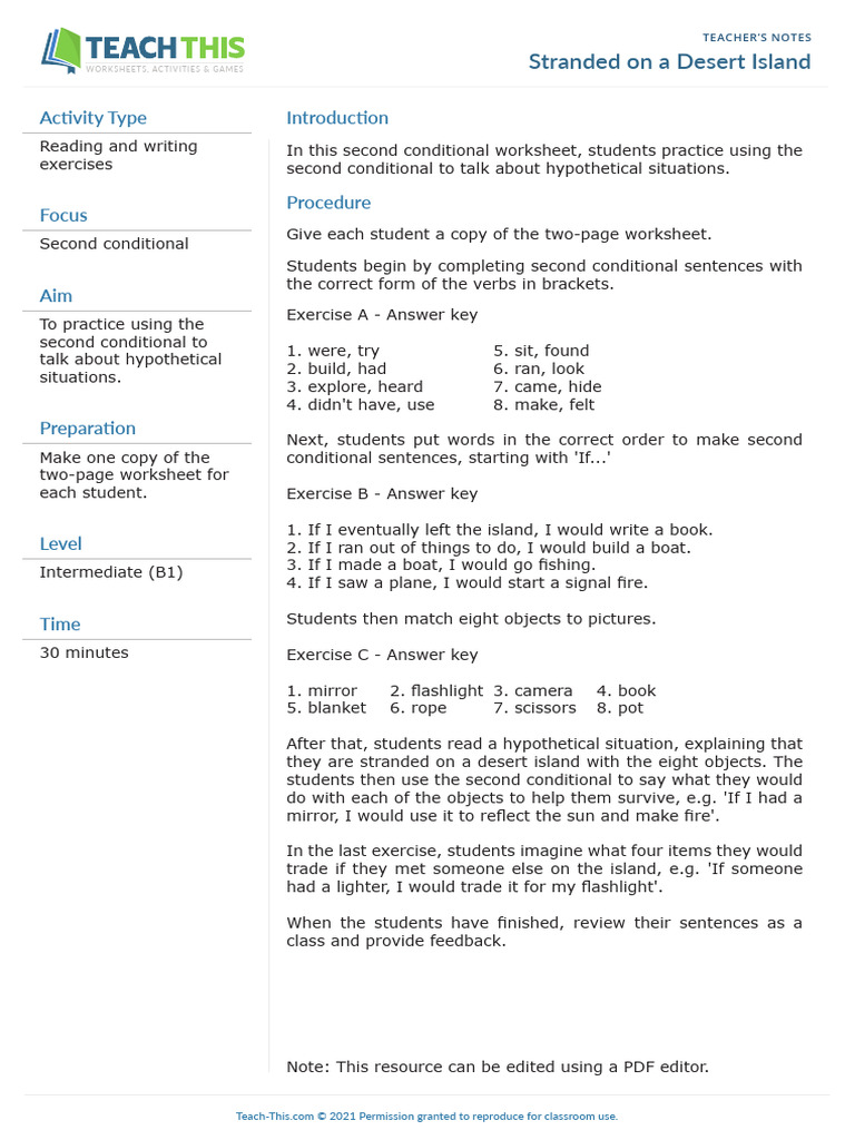 Second Conditional: Desert Island Activities | PDF | Cognitive Science ...