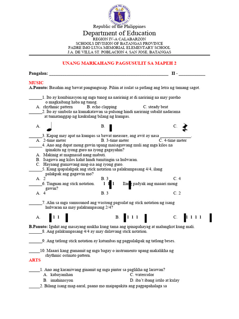 Periodic Test With TOS in MAPEH | PDF