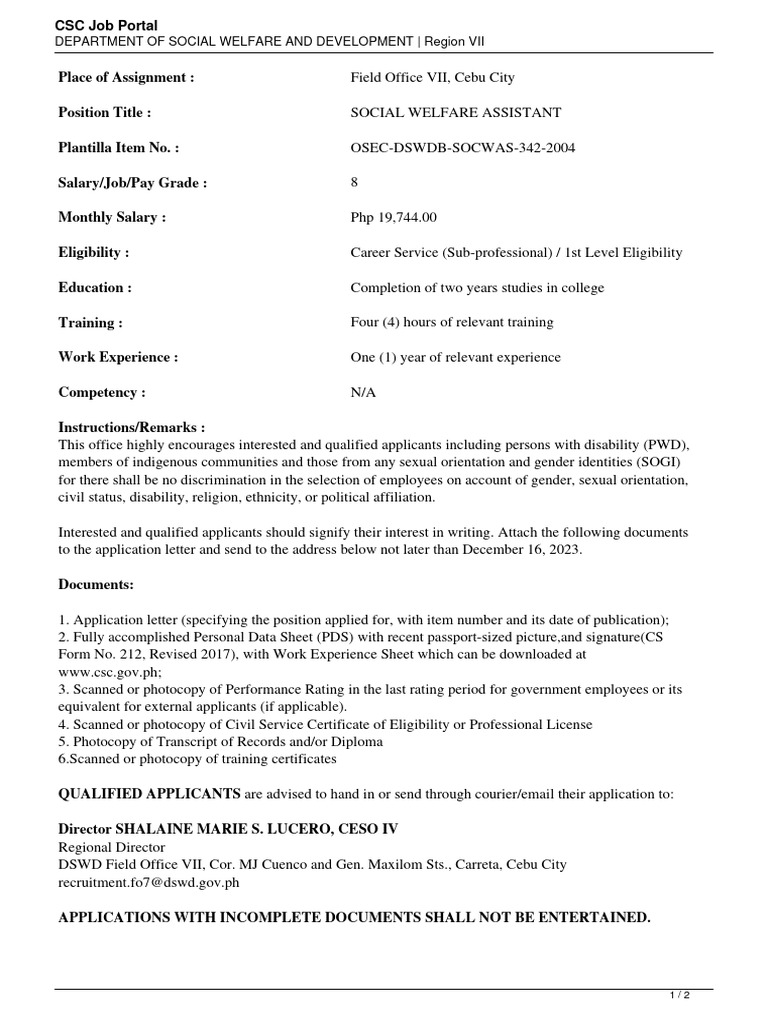 Cebu City Social Welfare Assistant Job | PDF | Gender | Gender Studies
