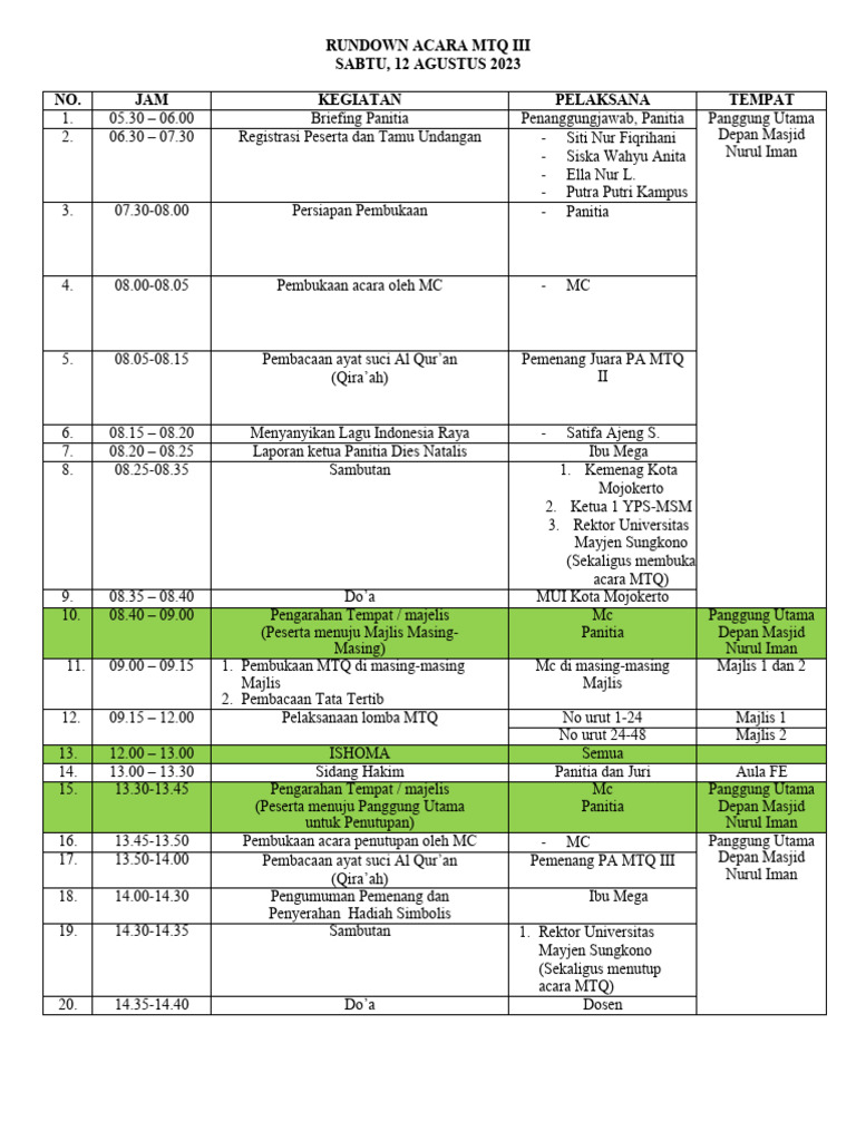 Rundown Acara MTQ III Desa 2023 | PDF