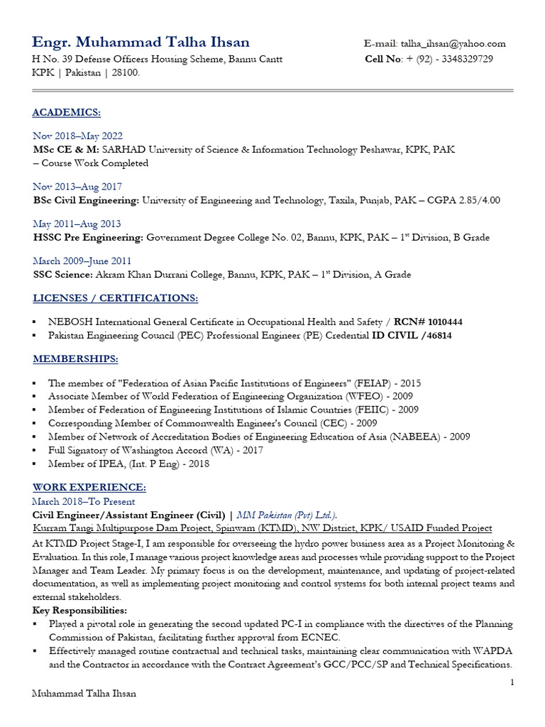 M Talha Ihsan CV Nov 2023 | PDF | Professional Development | Khyber Pakhtunkhwa