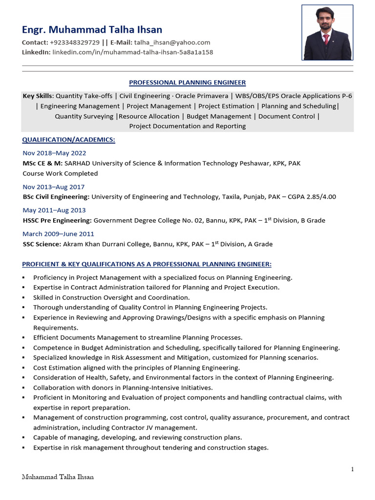 Professional Planning Engineer Profile | PDF | Project Management ...