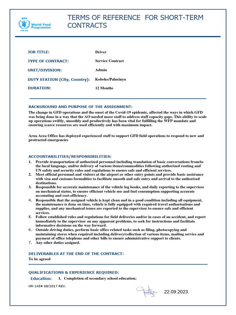 WFP HR - 145 TOR - Driver-Palorinya - Signed Copy. | PDF | Vehicles ...