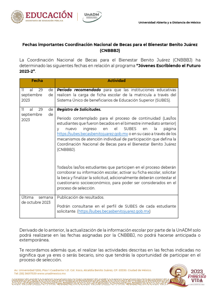 Comunicado UnADM SUBES 2023-2 | PDF