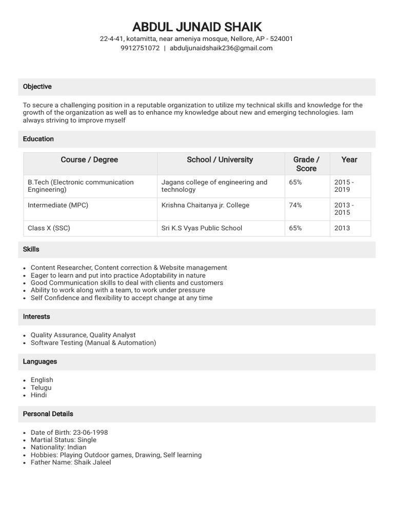Abdul Junaid Shaik - Resume Overview | PDF | Business
