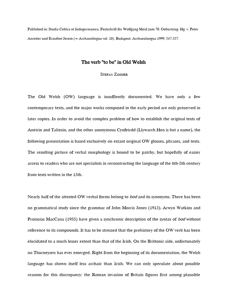 1999 The Verb To Be in Old Welsh | PDF | Linguistic Morphology | Syntax