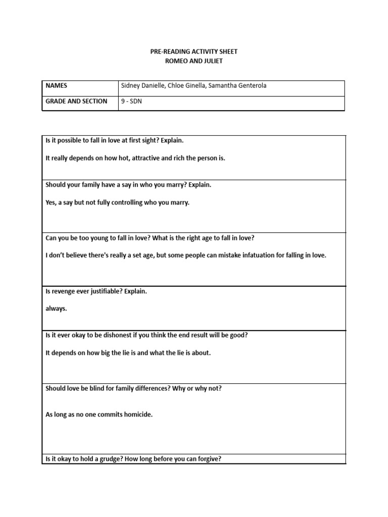 Pre-Reading Activity: Romeo and Juliet | PDF | Social Science | Wellness