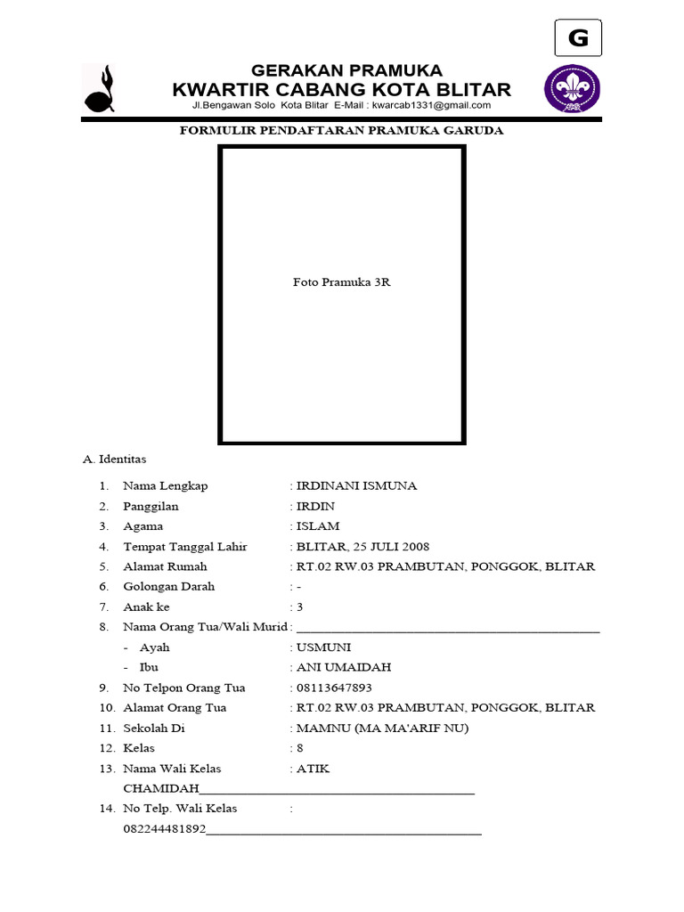 Formulir Pendaftaran Pramuka Garuda | PDF