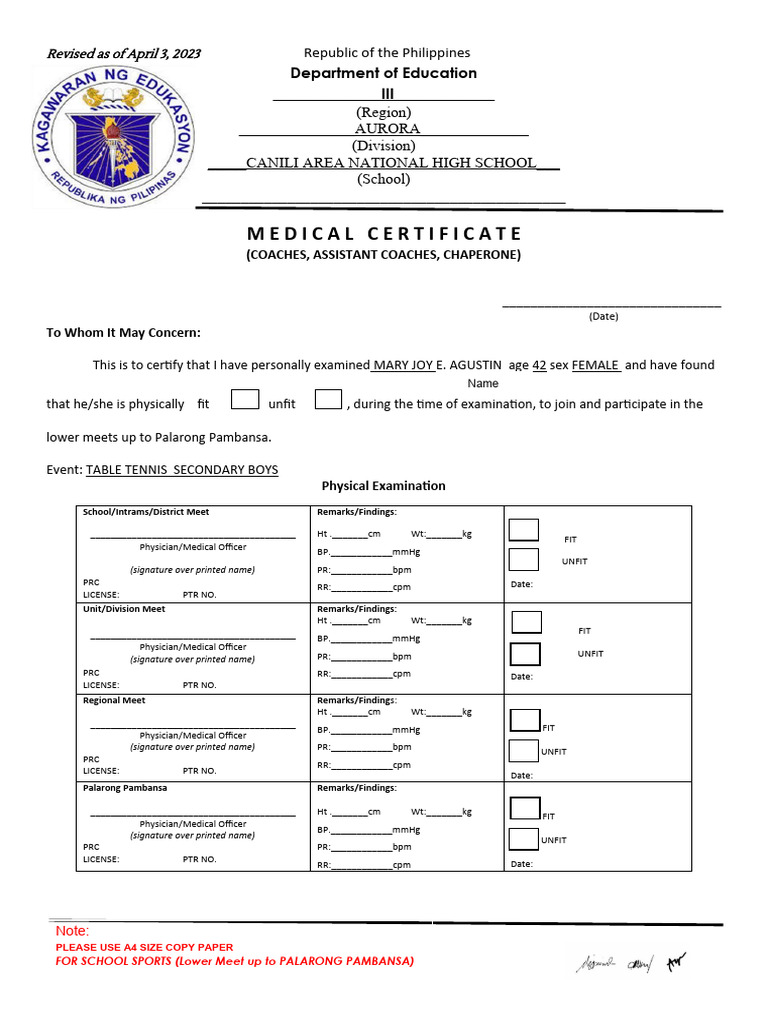 Medical Certificate For Coaches Asst. Coaches Chaperons | Download Free ...