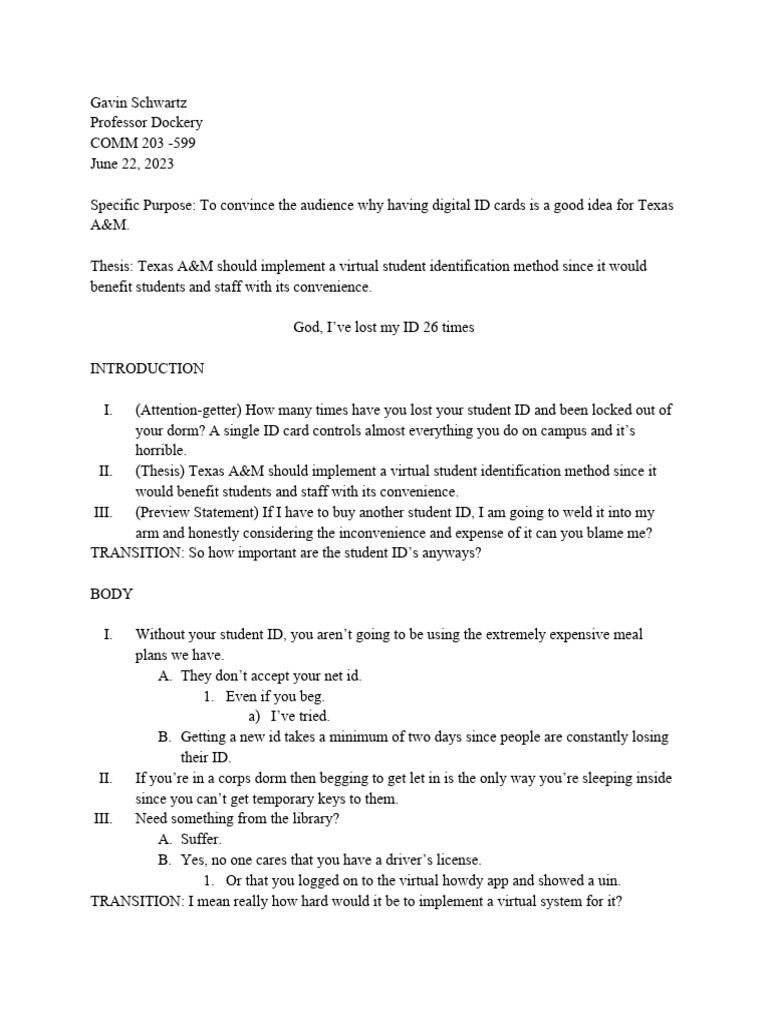 Example Outline Speech 1 | PDF