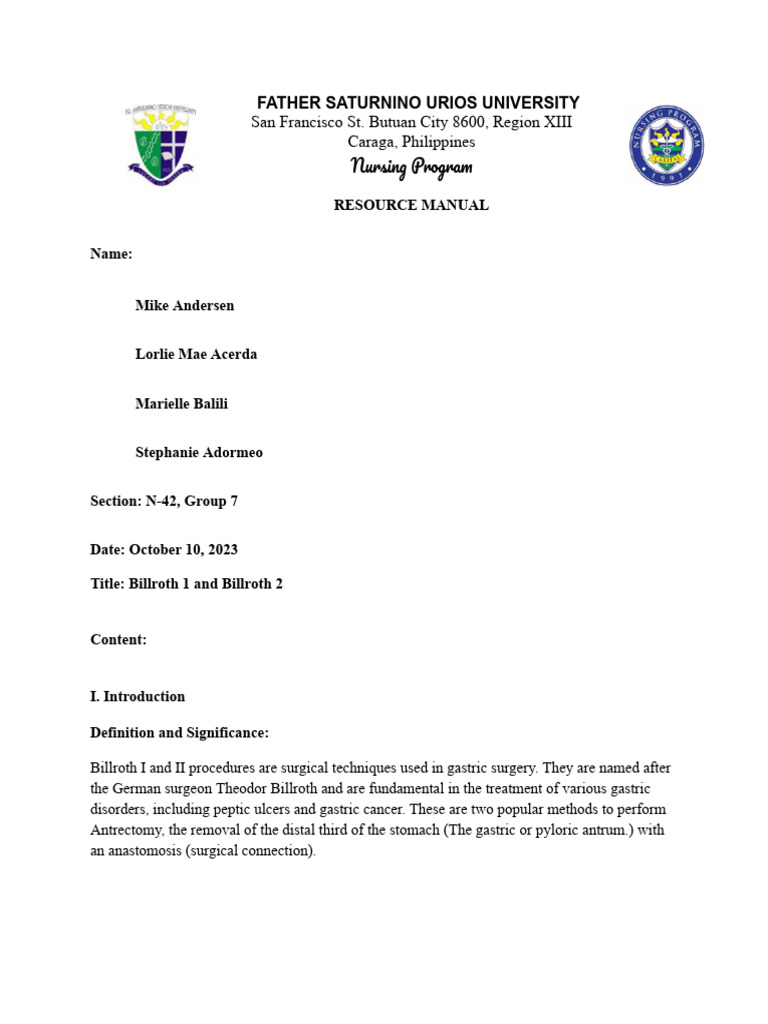 Resource Manual-Billroth 1 & 2-Reporting Acerda Adormeo Andersen Balili | PDF | Stomach ...