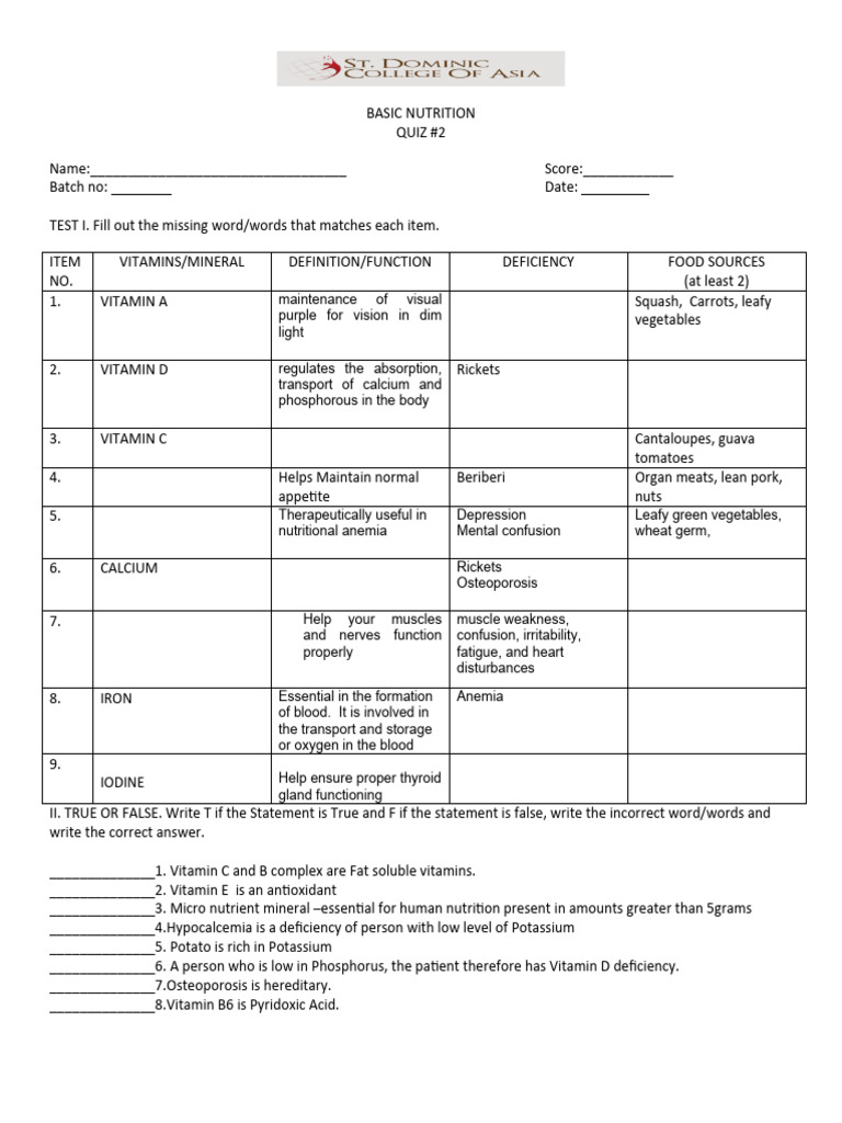 Quiz 2 Basic Nutrition CG 118 | PDF | Vitamin | Nutrition