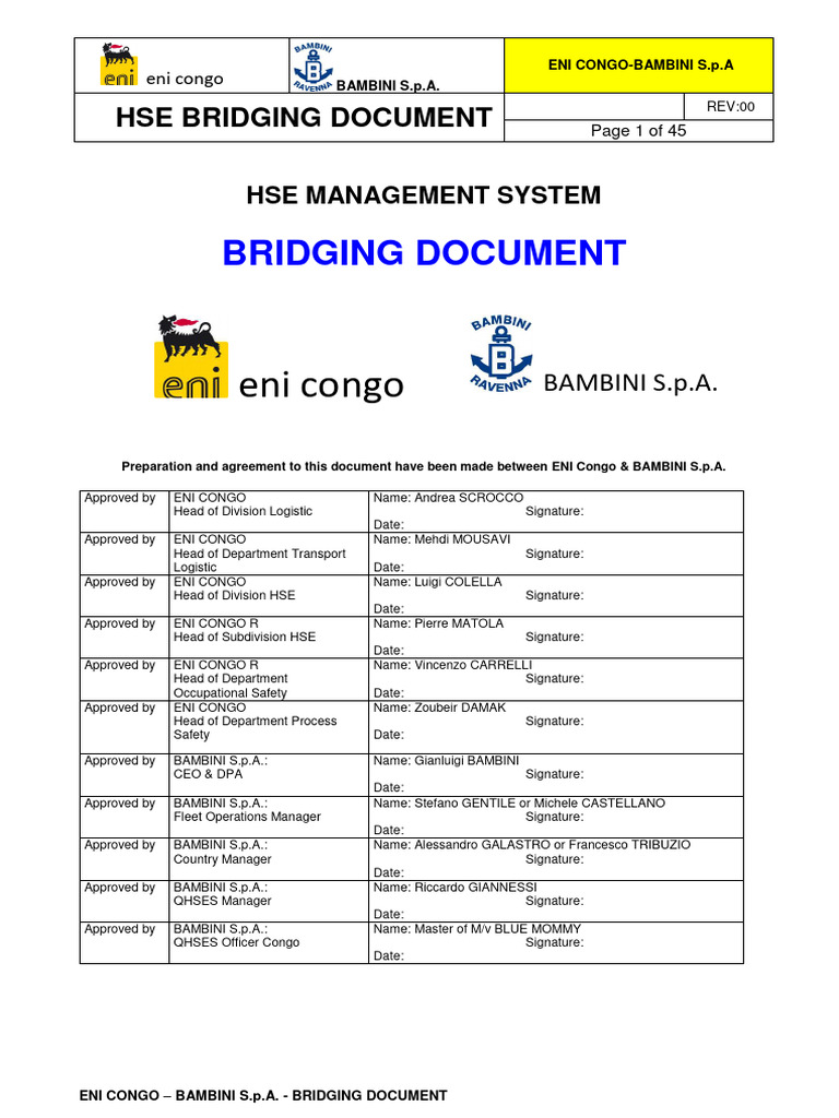 ENI CONGO - Bambini Spa Bridging Document | PDF | Safety | Occupational Safety And Health