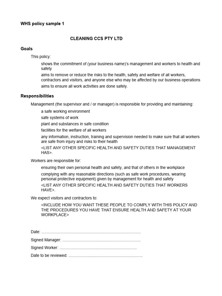 Construction Sample Work Health and Safety Policies | PDF ...