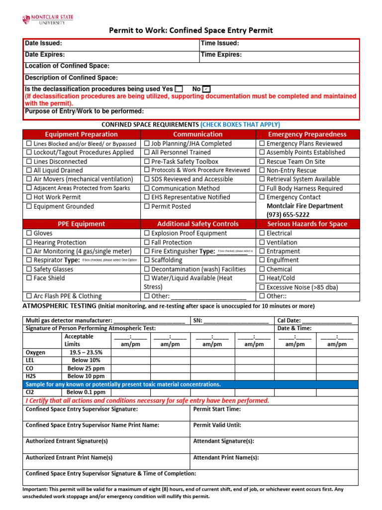 MSU Confined Space Entry Permit Fillable Form | PDF | Personal ...