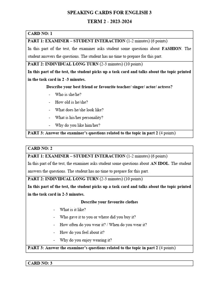 A2 Speaking Cards: Individual Long Turn | PDF | Teaching Methods ...