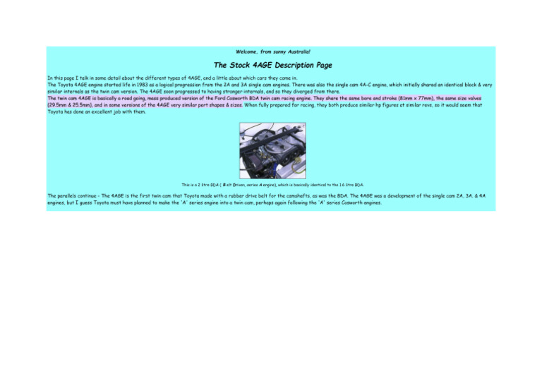 Toyota 4AGE Versus BDA | PDF